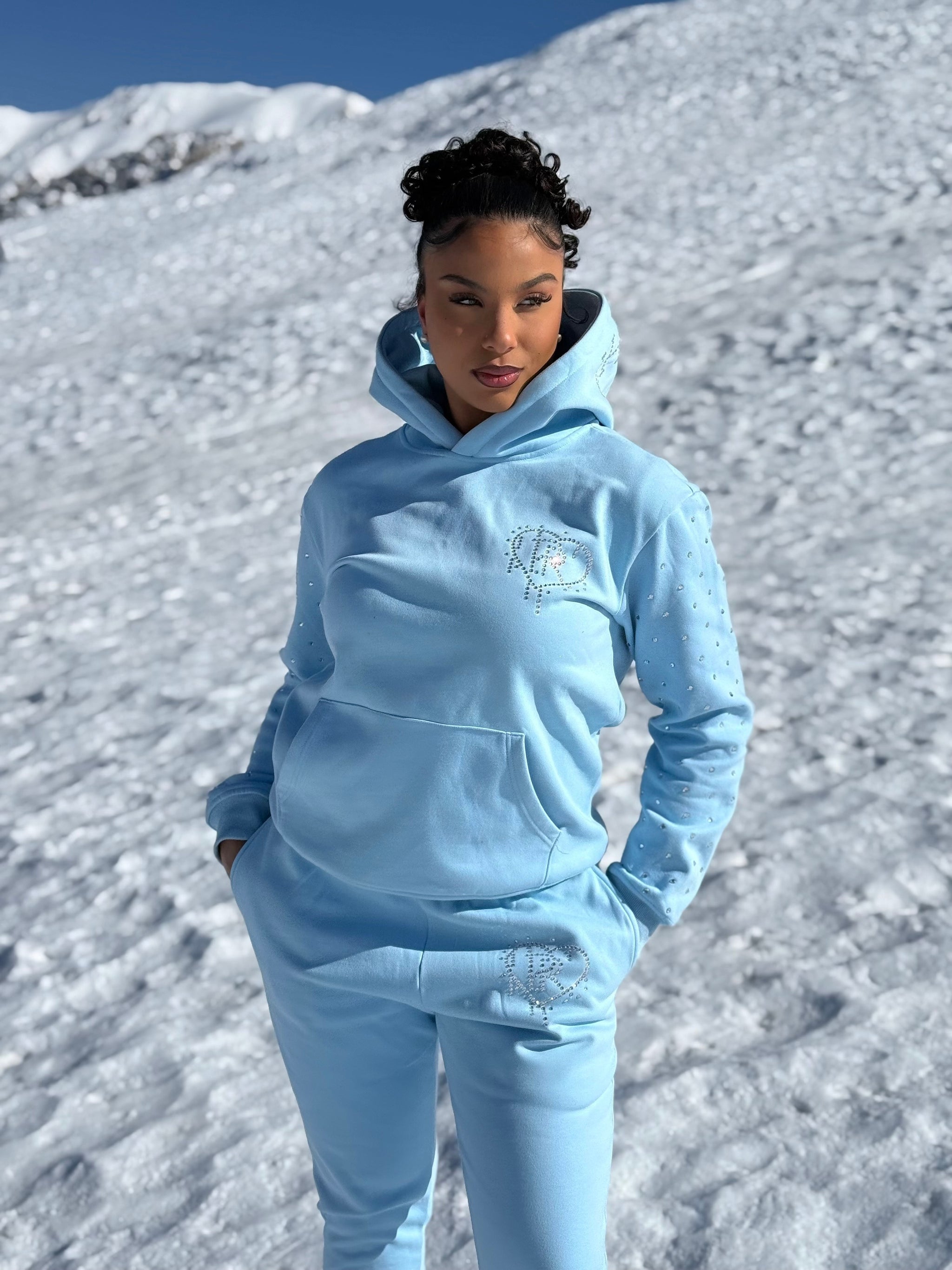 Baby Blue x White Rhinestone Diamonds Tracksuit Set