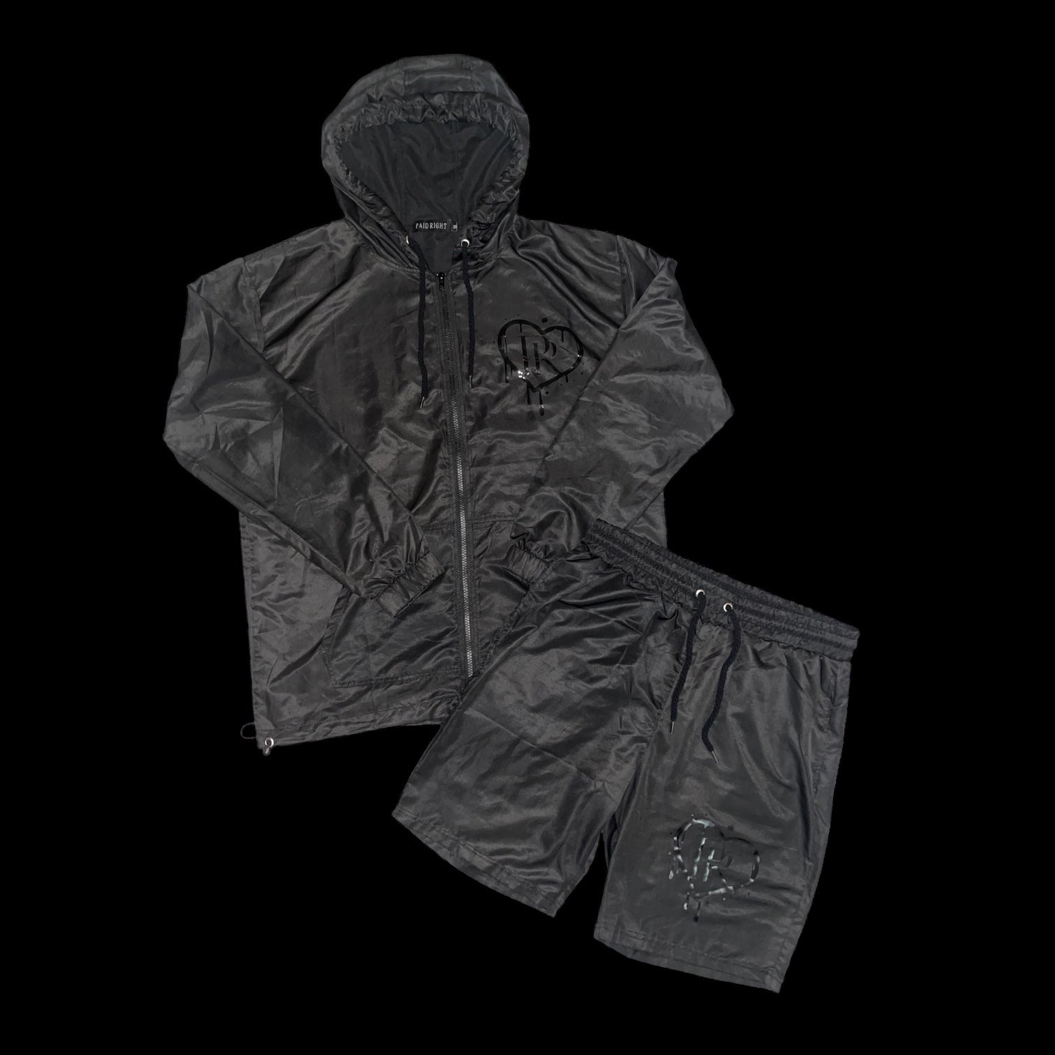 PR Black On Black Heart Drip Windbreaker Short Set
